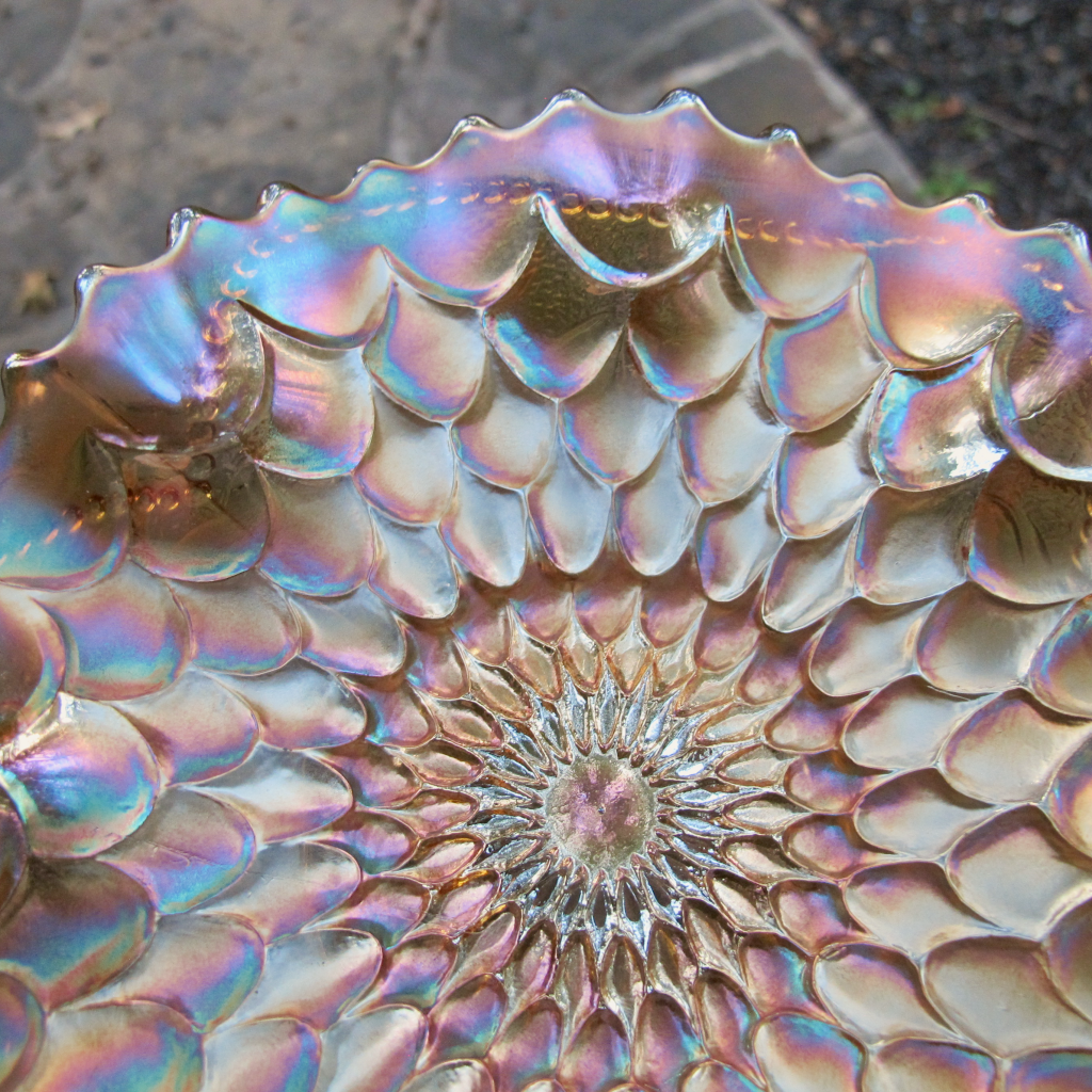 Antique Dugan Fishscale & Beads Marigold Carnival Glass Low Ruffled ...