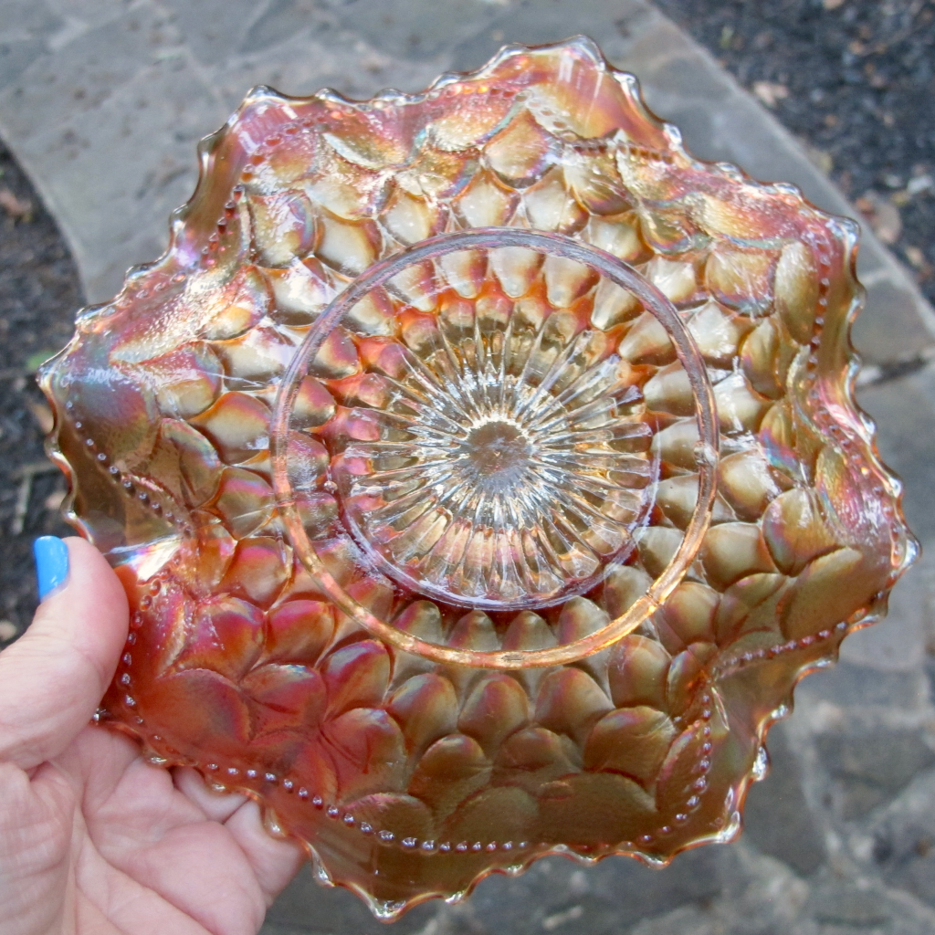Antique Dugan Fishscale & Beads Marigold Carnival Glass Low Ruffled ...