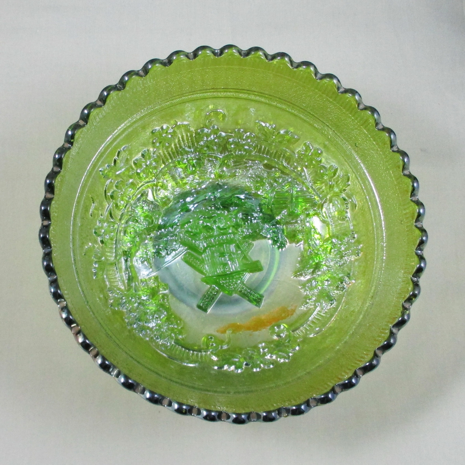 Antique Imperial Windmill Green Carnival Glass Round Bowl – Carnival Glass