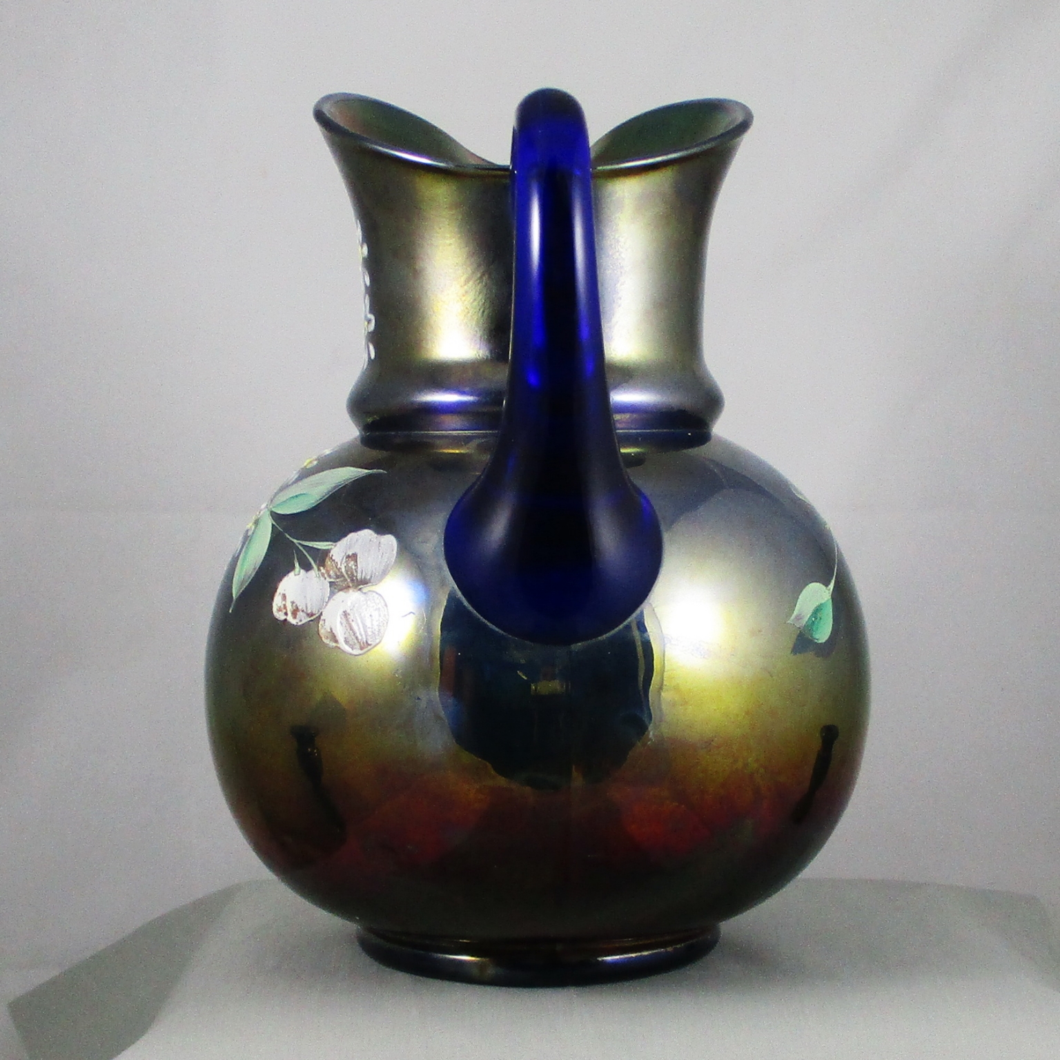 Antique Fenton Enameled Cherries Blue Carnival Glass Water Set Pitcher ...
