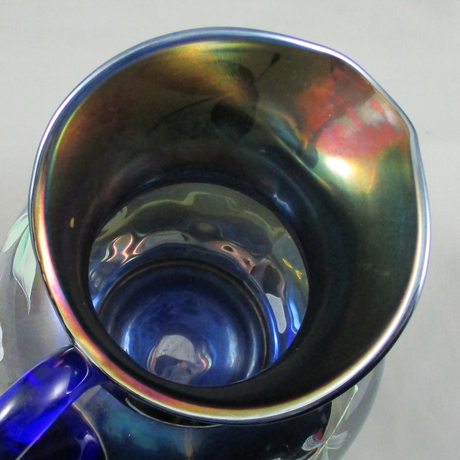 Antique Fenton Enameled Cherries Blue Carnival Glass Water Set Pitcher ...