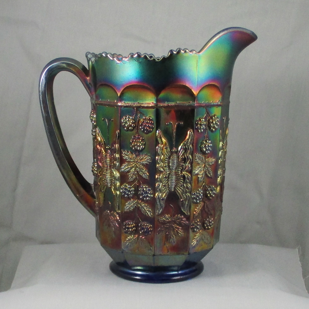 Antique Fenton Butterfly & Berry Blue Carnival Glass Water Pitcher ...
