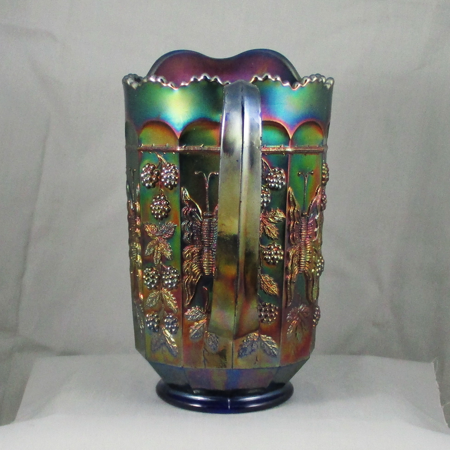 Antique Fenton Butterfly & Berry Blue Carnival Glass Water Pitcher ...