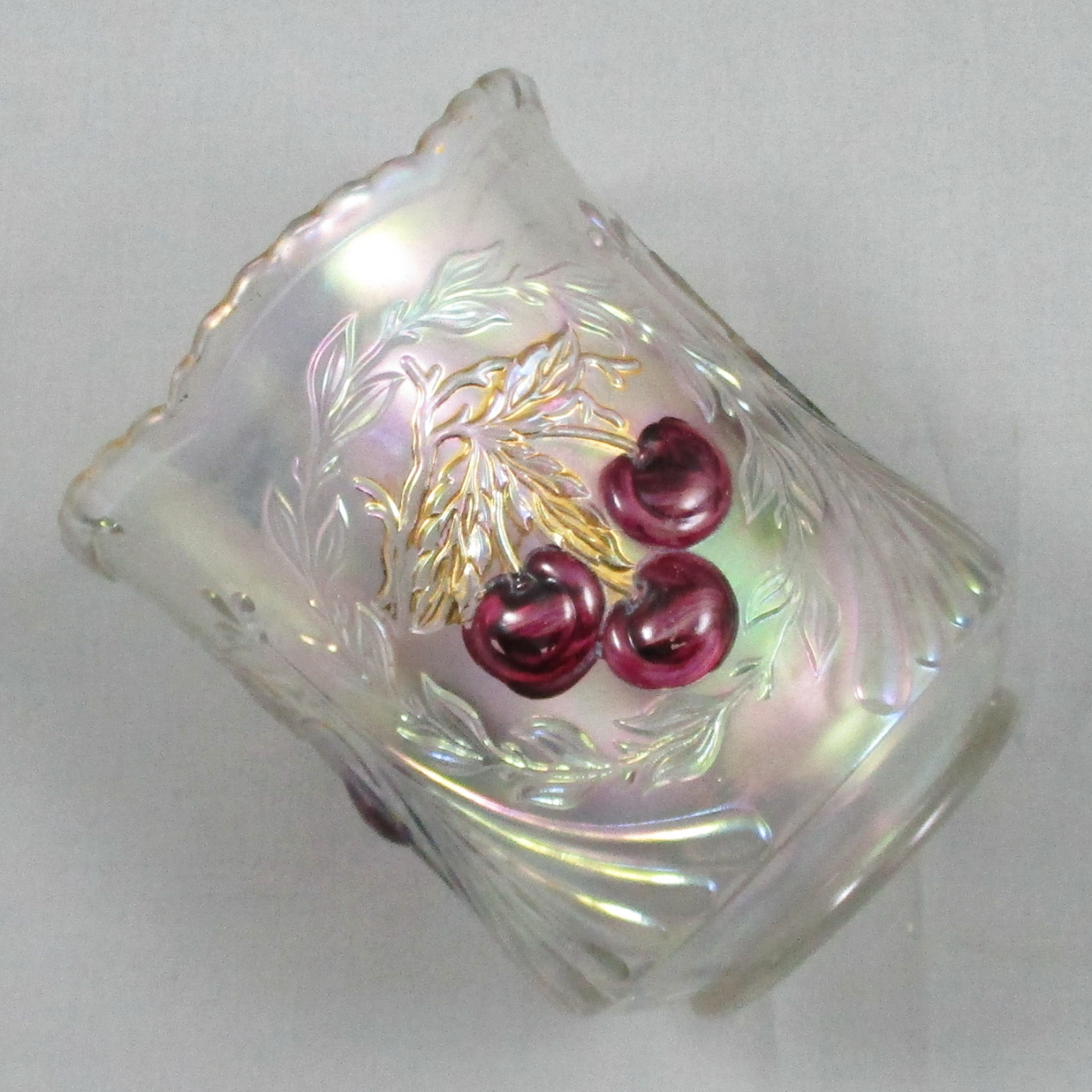 Antique Dugan Ice White Wreathed Cherry Carnival Glass Spooner Red ...