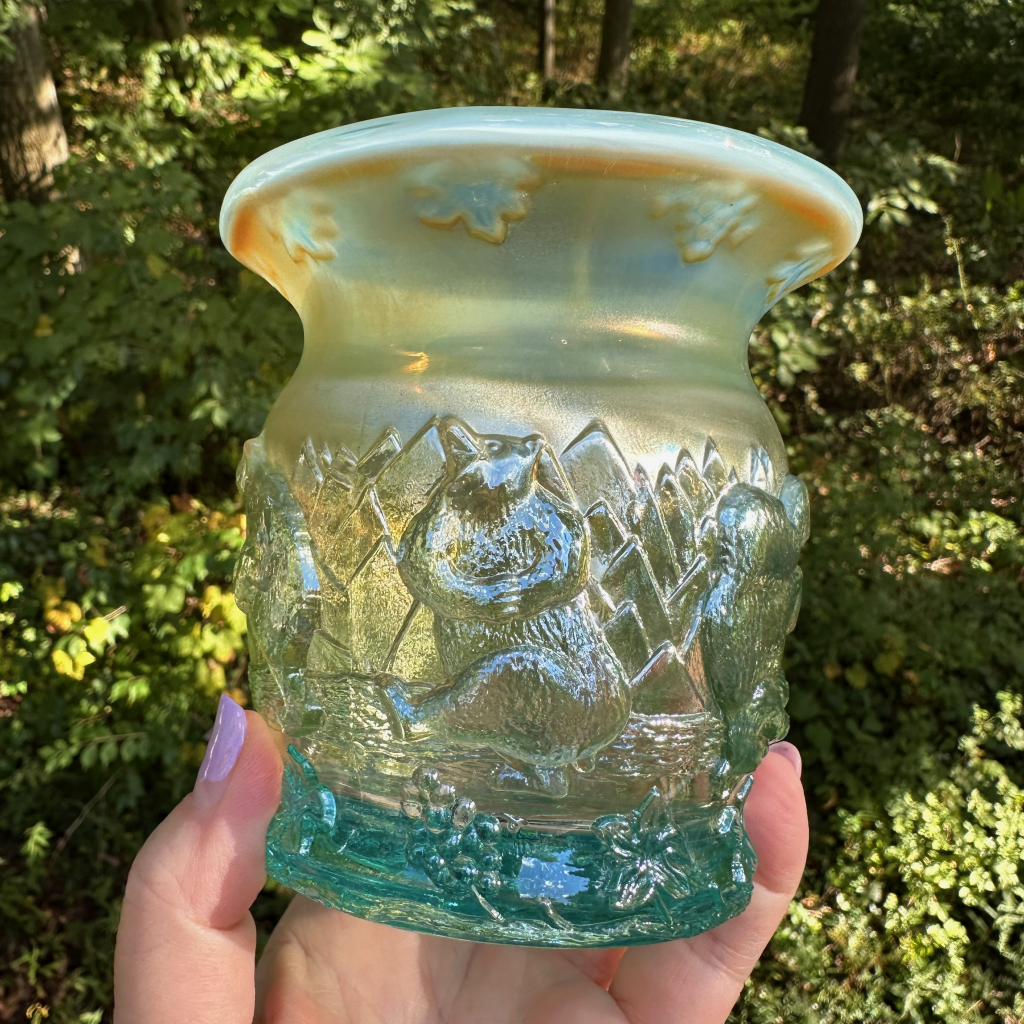 Fenton Aqua Opal Frolicking Bears Carnival Glass Vase - Whimsey! OOAK ...