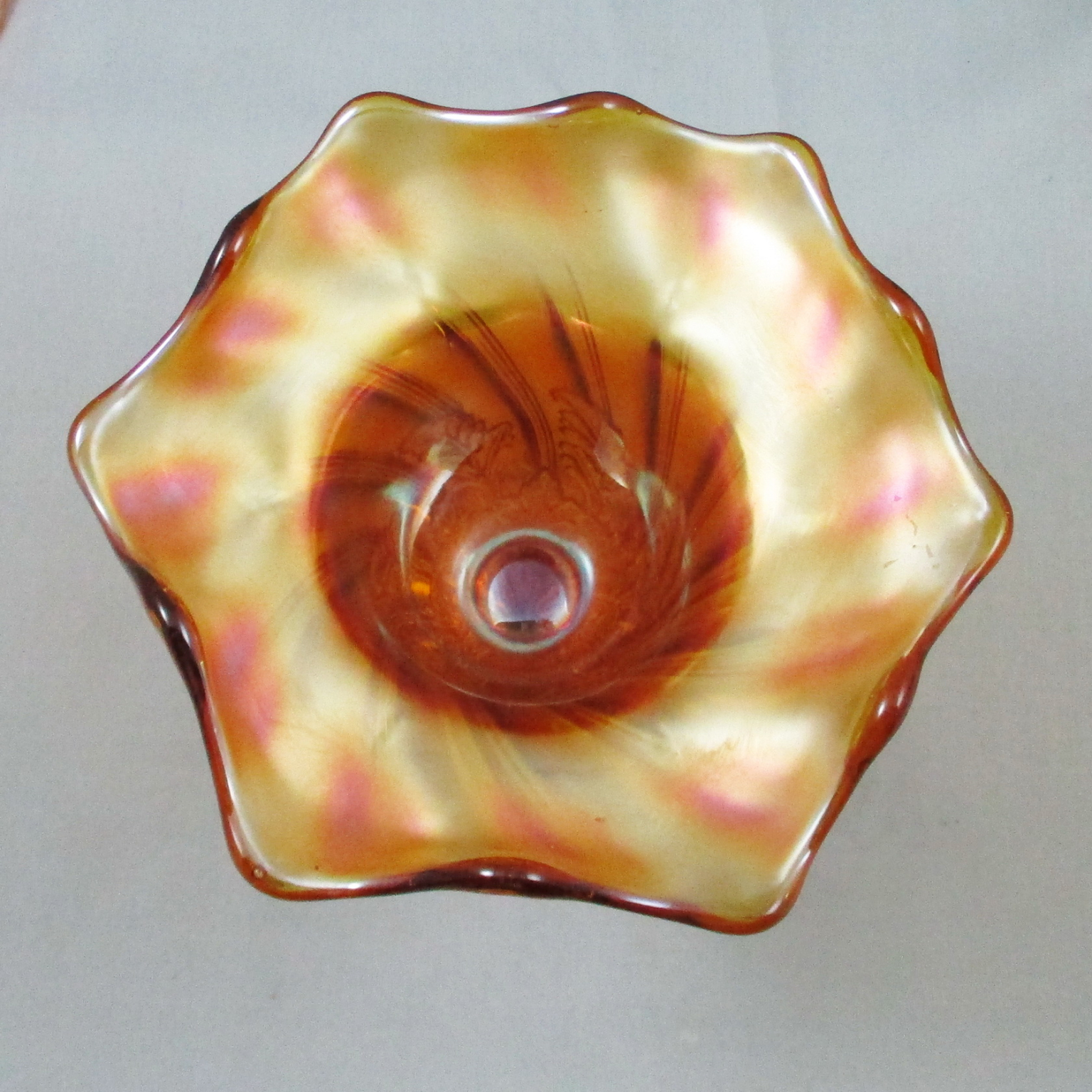 Antique Westmoreland Leaf Swirl Amber Carnival Glass Compote – Carnival ...
